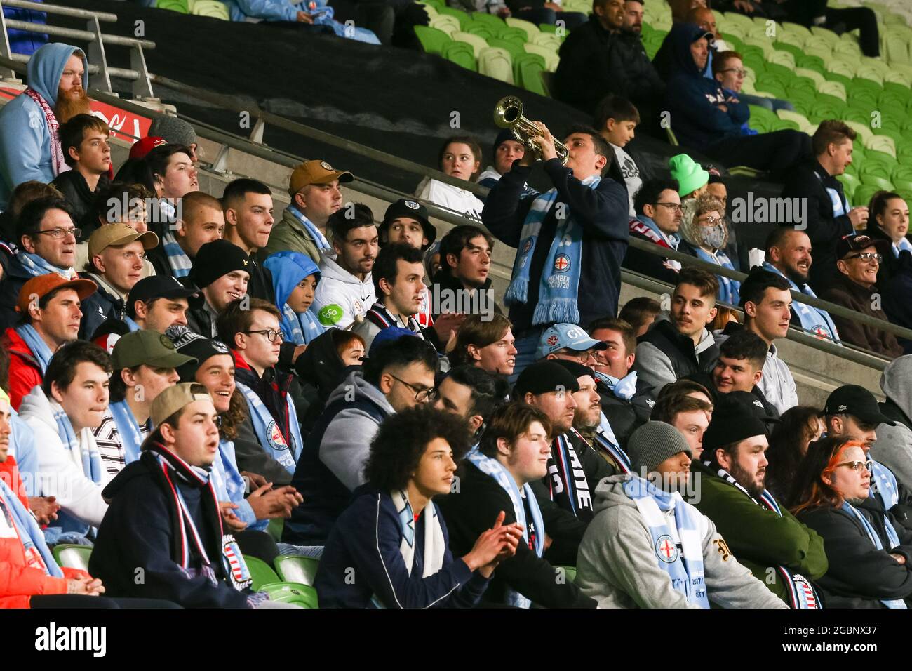 MELBOURNE, AUSTRALIA - MAY 16: A Melbourne City fans blows on a trumpet ...