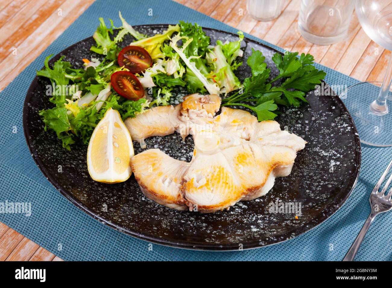 Tasty fish tintorera blue shark with vegetables Stock Photo - Alamy