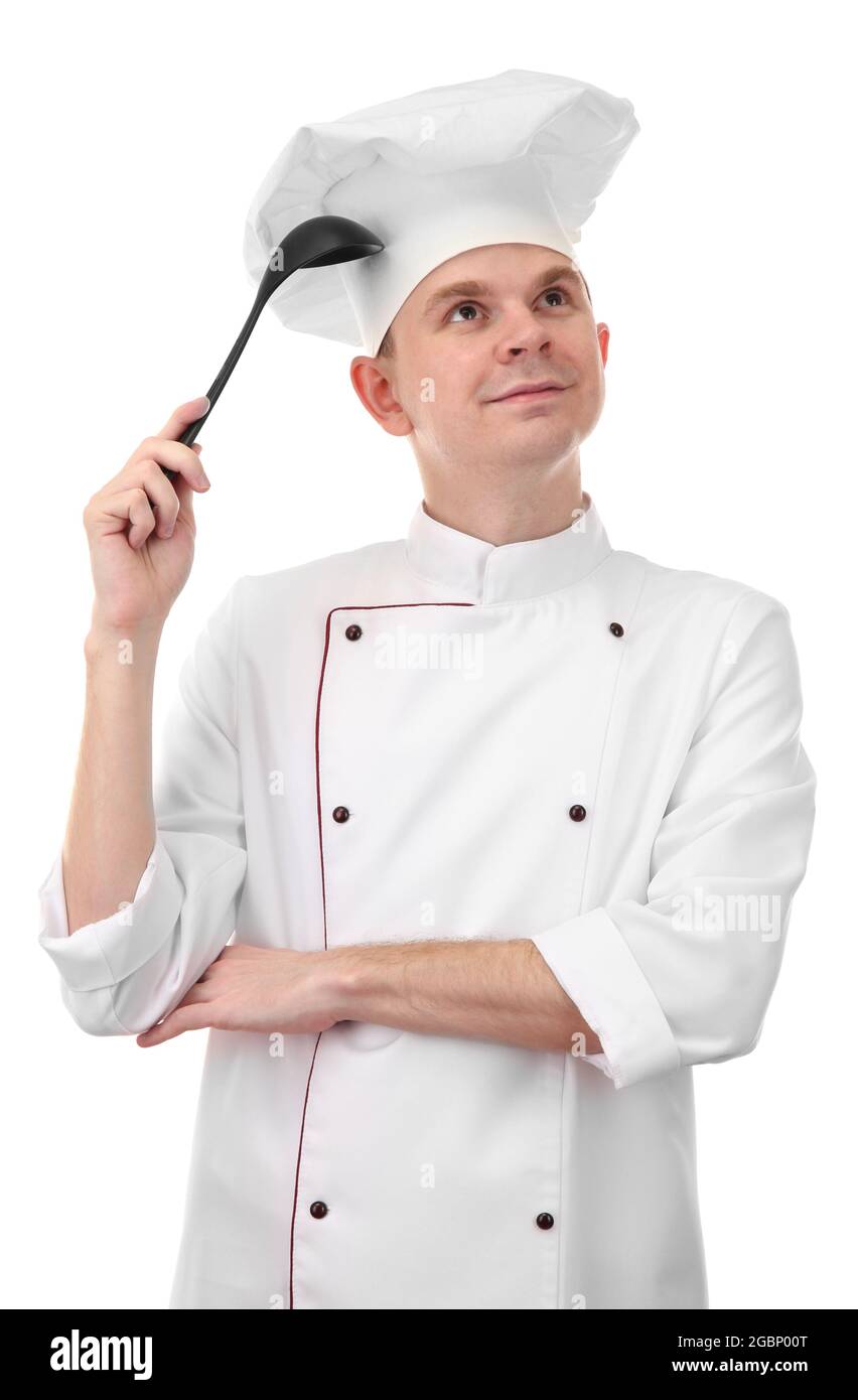 portrait of chef with ladle isolated on white Stock Photo - Alamy