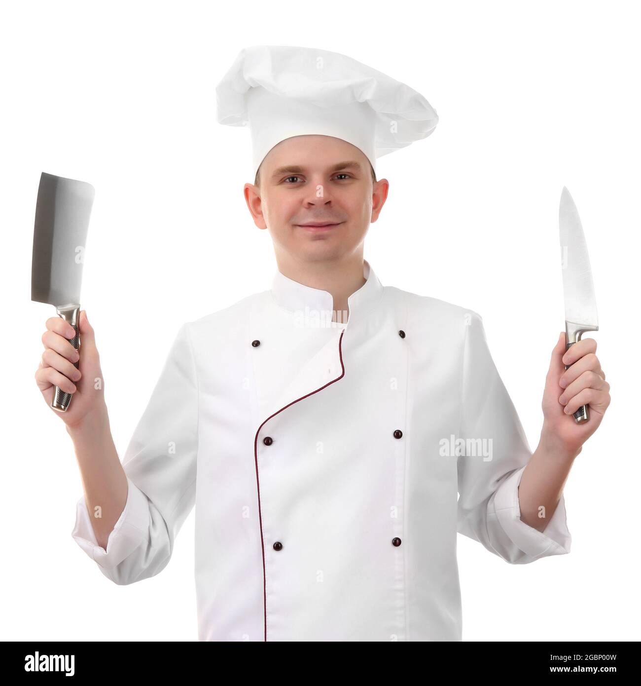 portrait of chef with knife isolated on white Stock Photo - Alamy