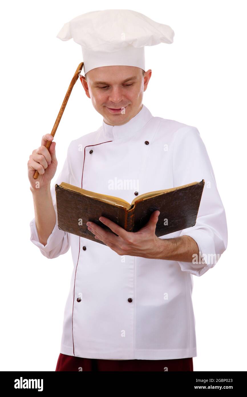 thinking chef reading in cookbook scratching his head with spoon ...