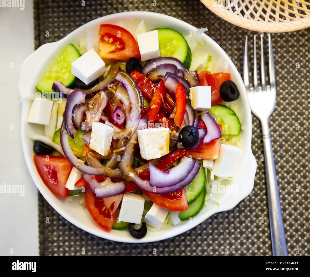 Greek vegetable salad with cheese Stock Photo - Alamy
