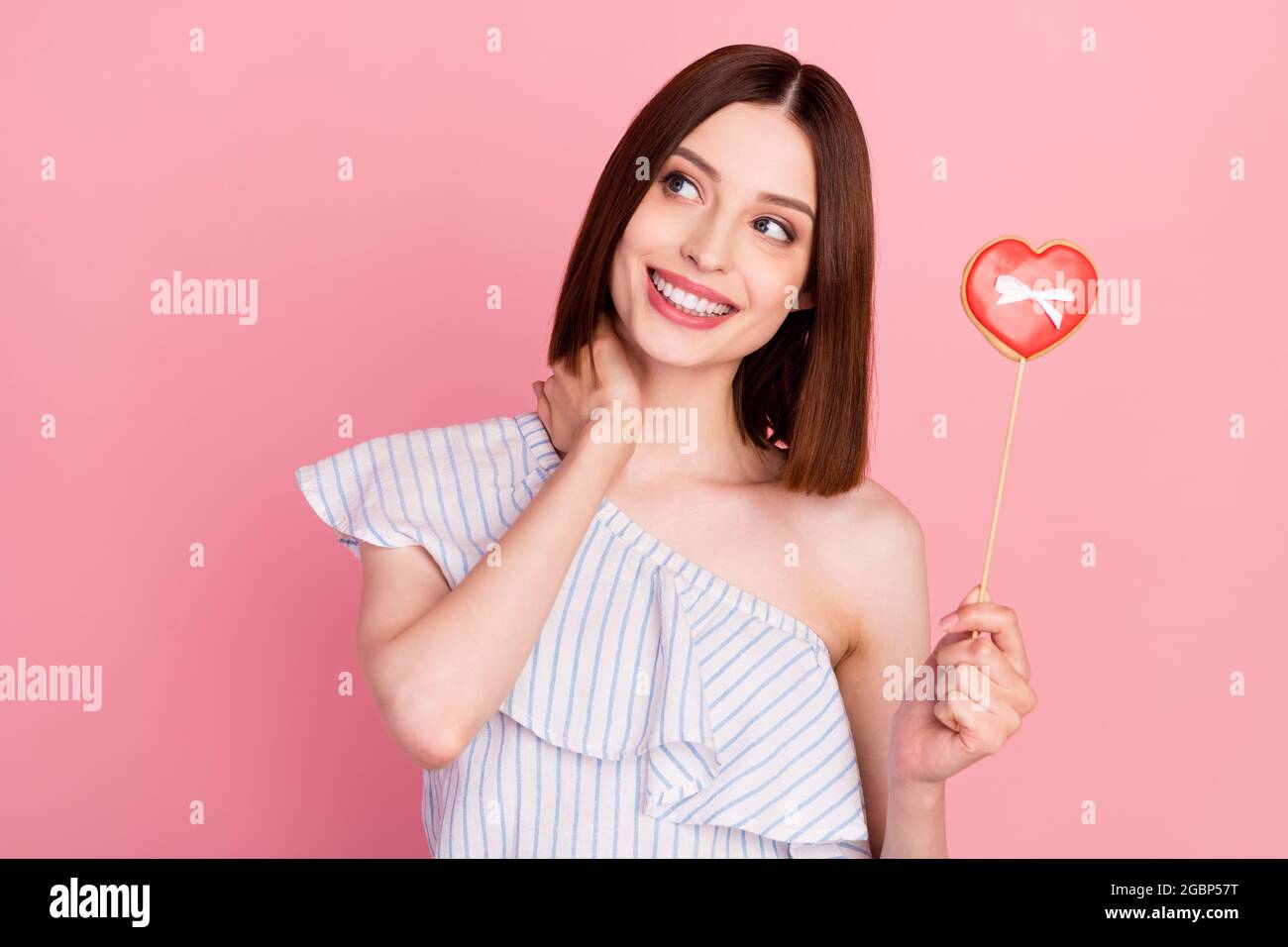 Photo of young girl happy positive smile hand touch neck dream heart ...