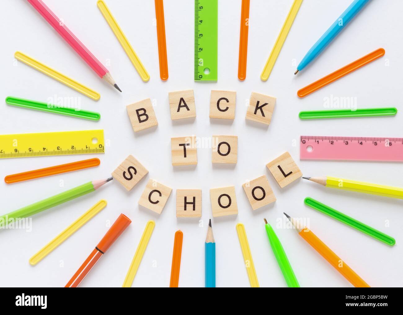 School background with wooden letters text Back to school. Flat lay ...