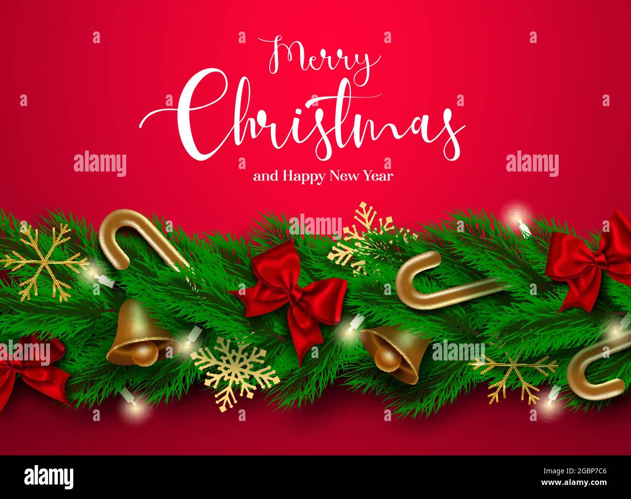 Christmas garland vector design. Merry christmas greeting text wiht fir ...