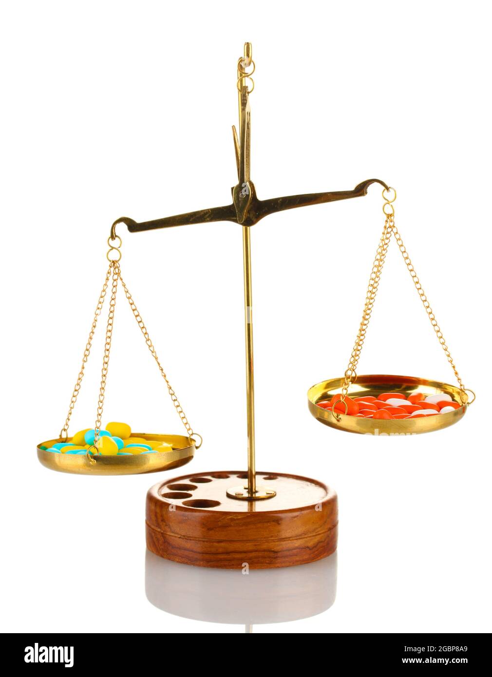 Classic scales with color pills isolated on white Stock Photo - Alamy