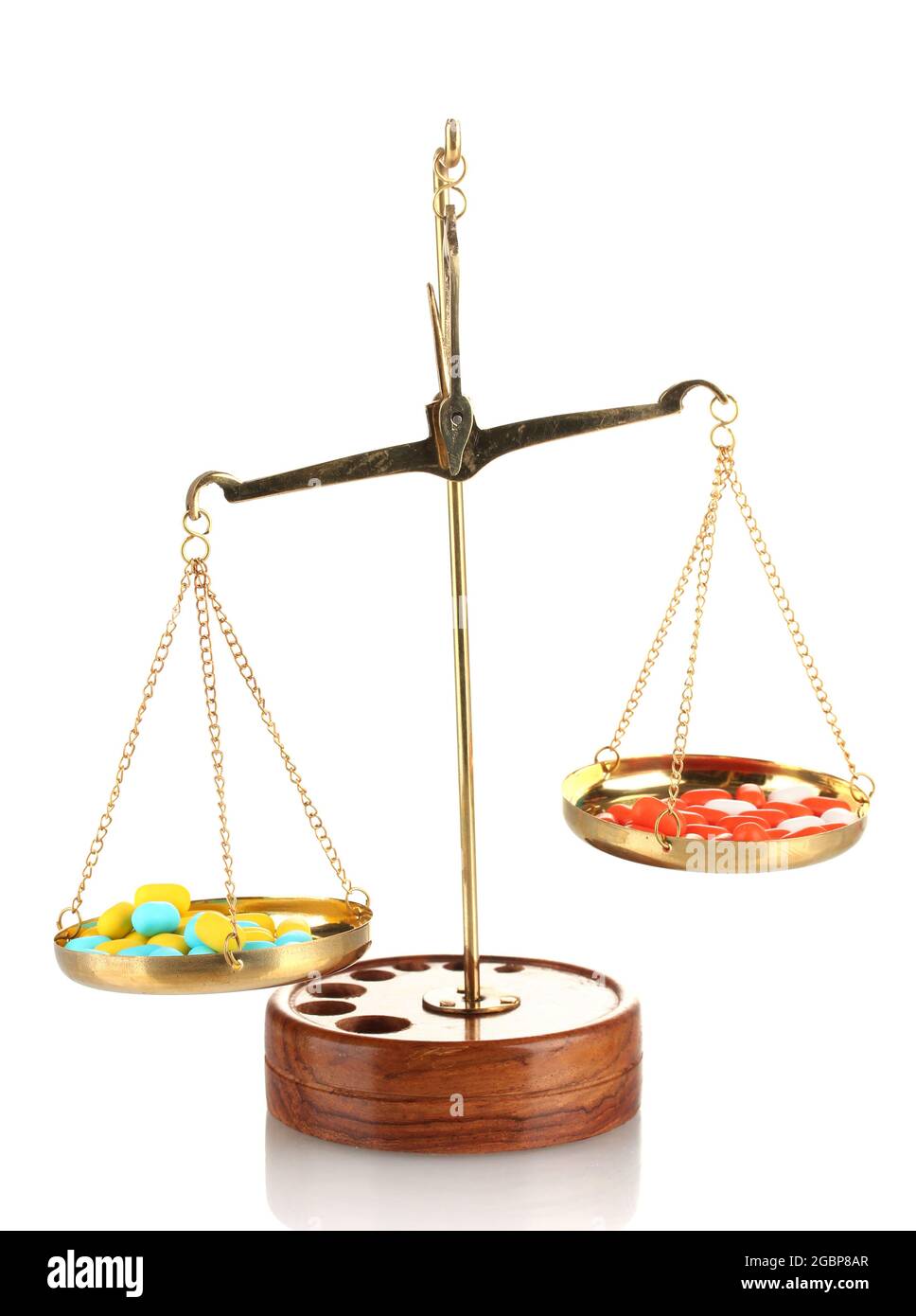 Classic scales with color pills isolated on white Stock Photo - Alamy