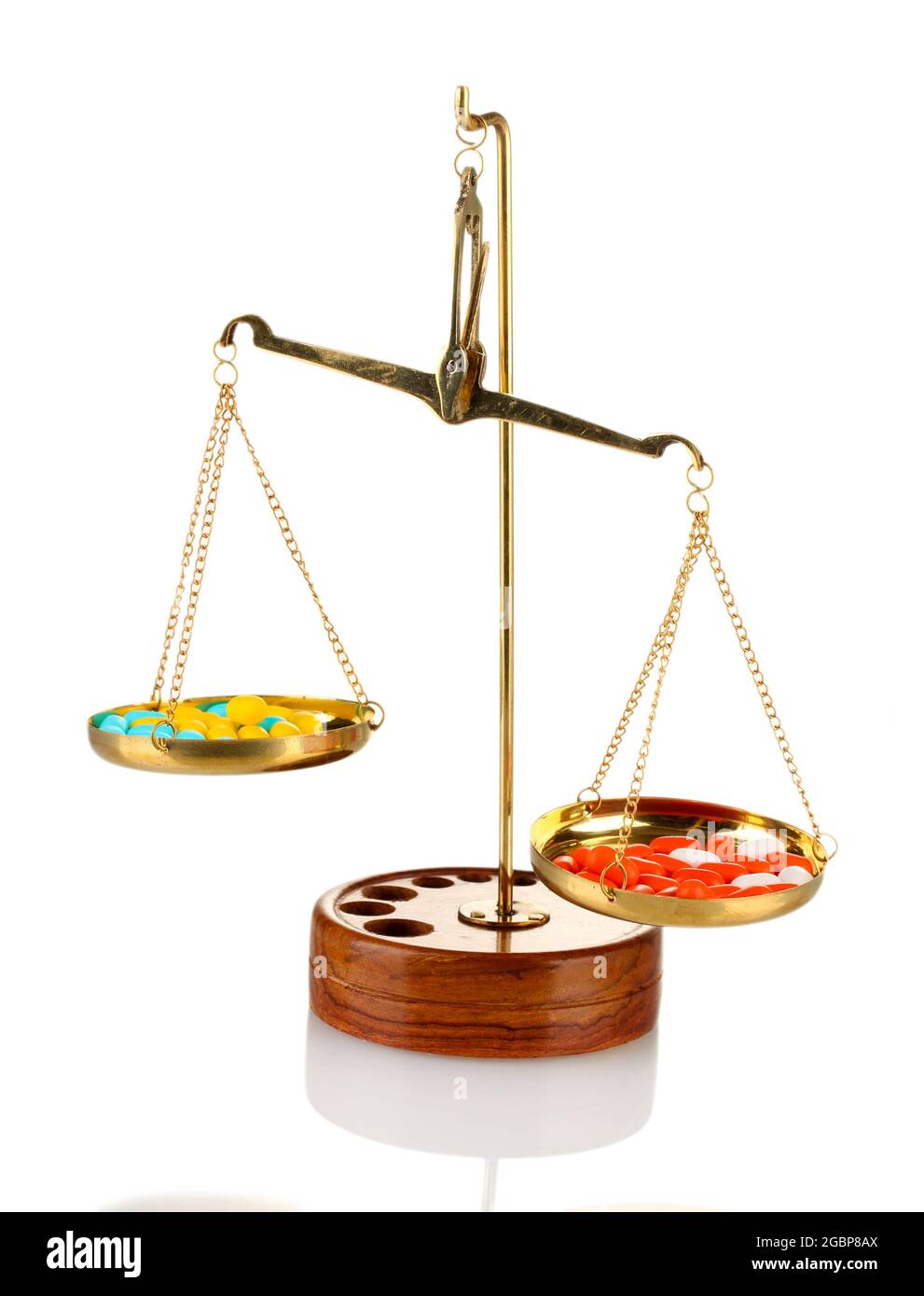 Classic scales with color pills isolated on white Stock Photo - Alamy