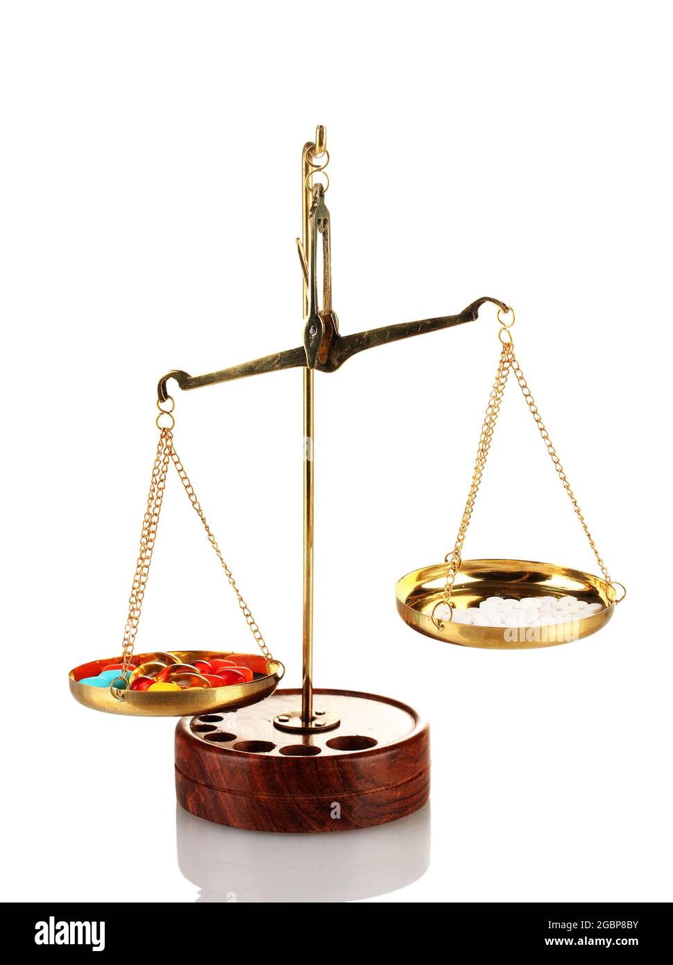 Classic scales with color pills isolated on white Stock Photo - Alamy