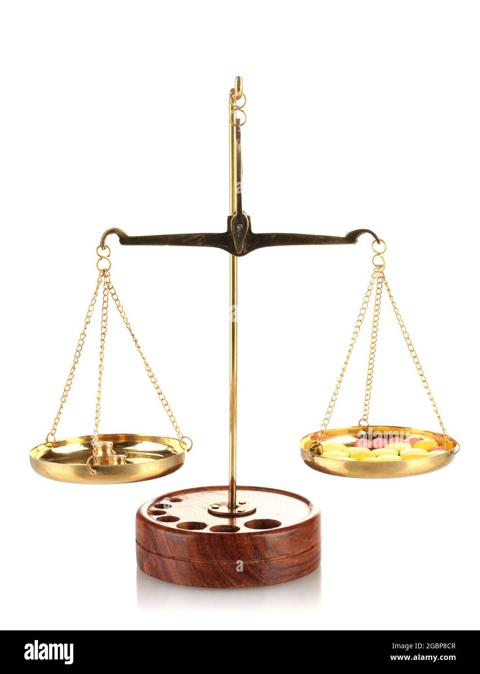 Classic scales with color pills isolated on white Stock Photo - Alamy