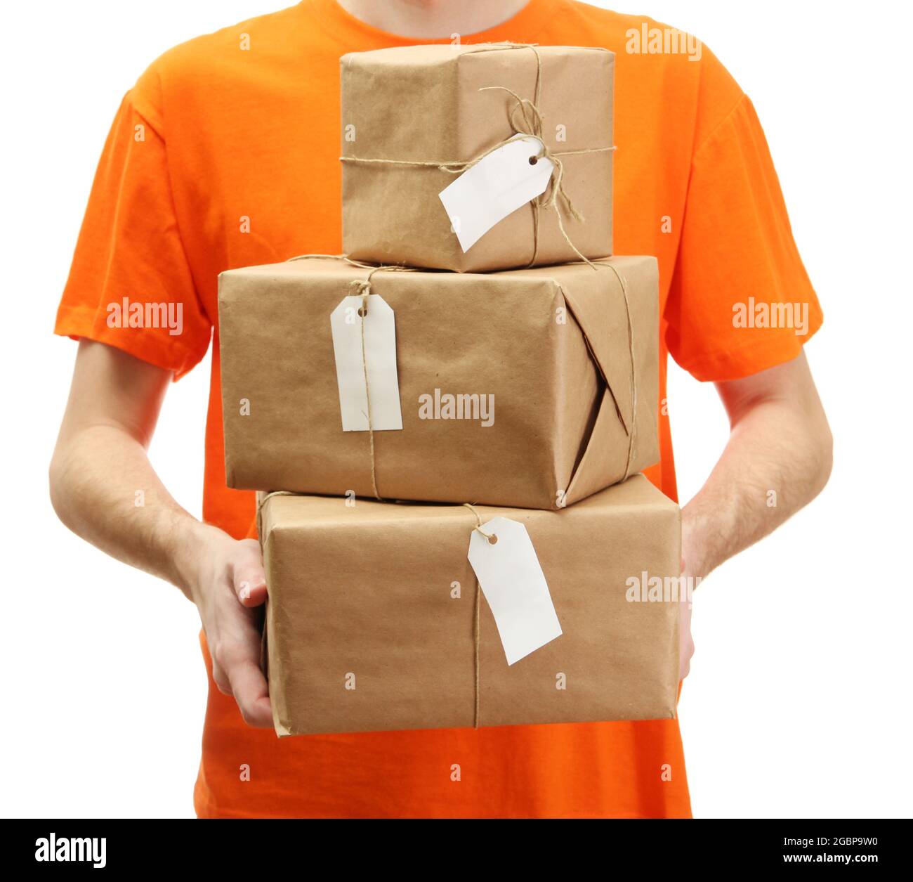 courier with parcel boxes, isolated on white Stock Photo - Alamy