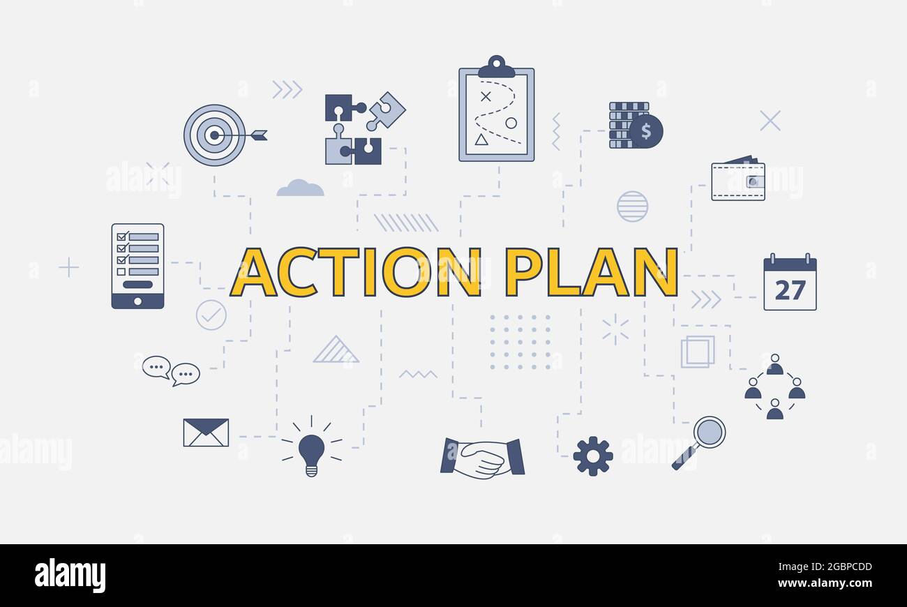 business action plan concept with icon set with big word or text on ...