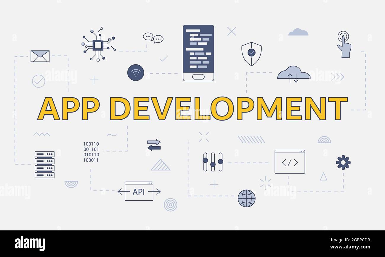mobile app development concept with icon set with big word or text on ...