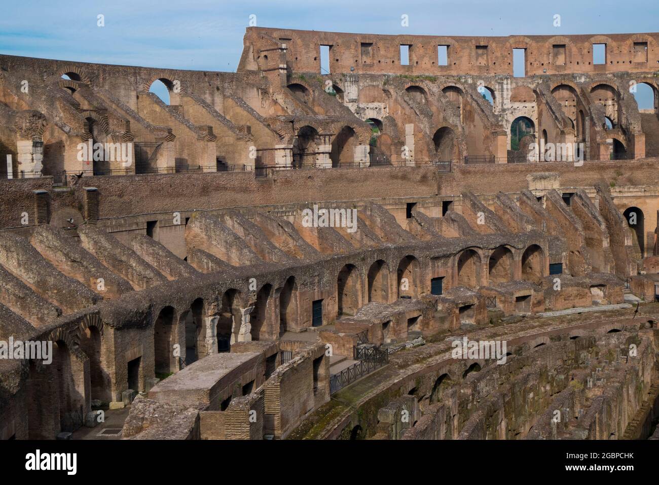 Interior view of the crumbling, brick, stone, bleachers, stands of the ...