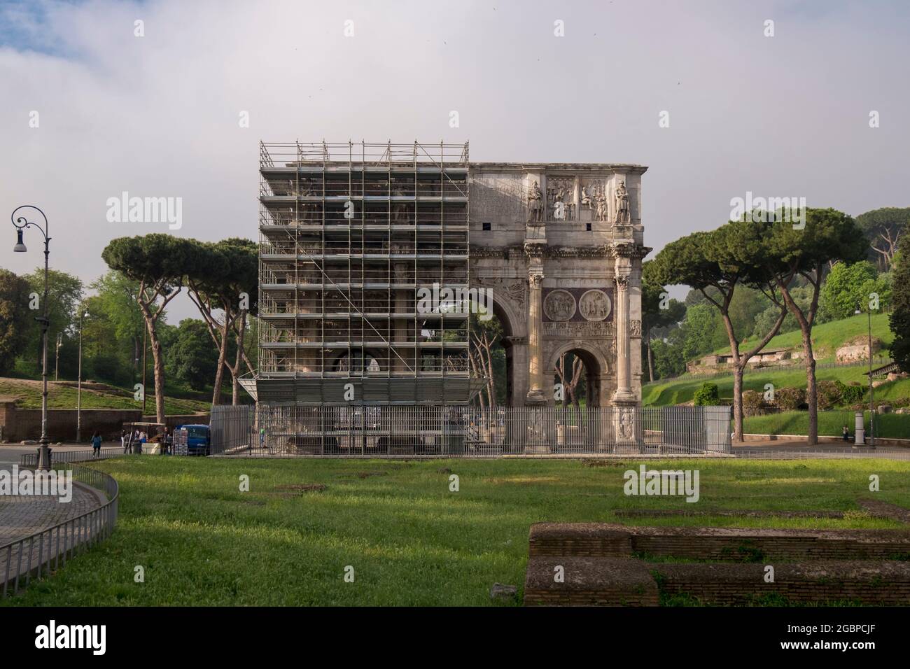 The Arch of Constantine triumphal marble arch with scaffolding during a ...