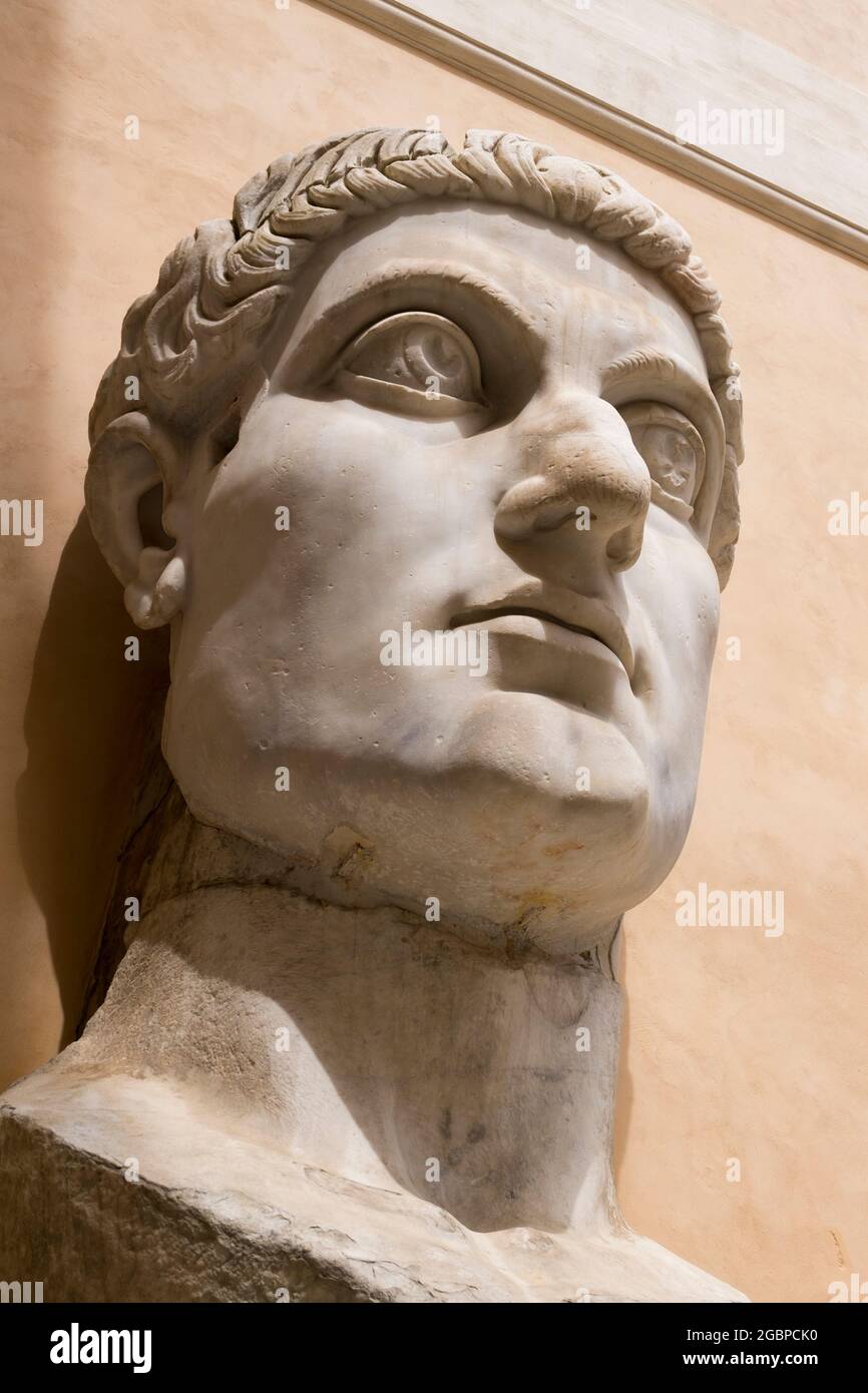 The large, sculpture, statue, white marble head of Constantine at the ...