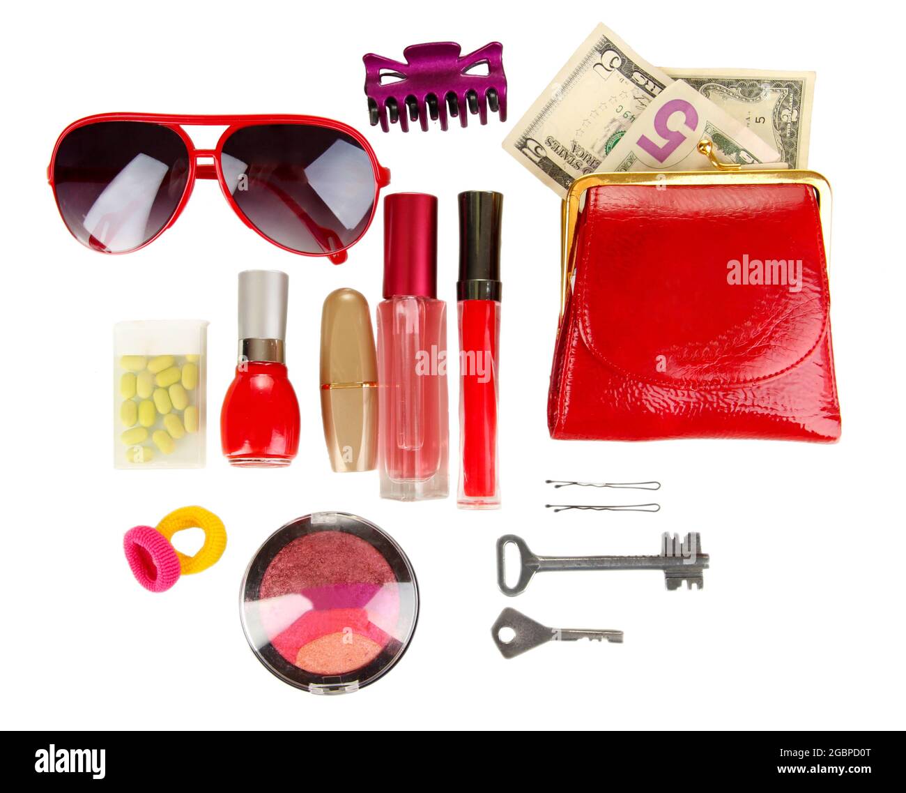 Items contained in the women's handbag isolated on white Stock Photo ...