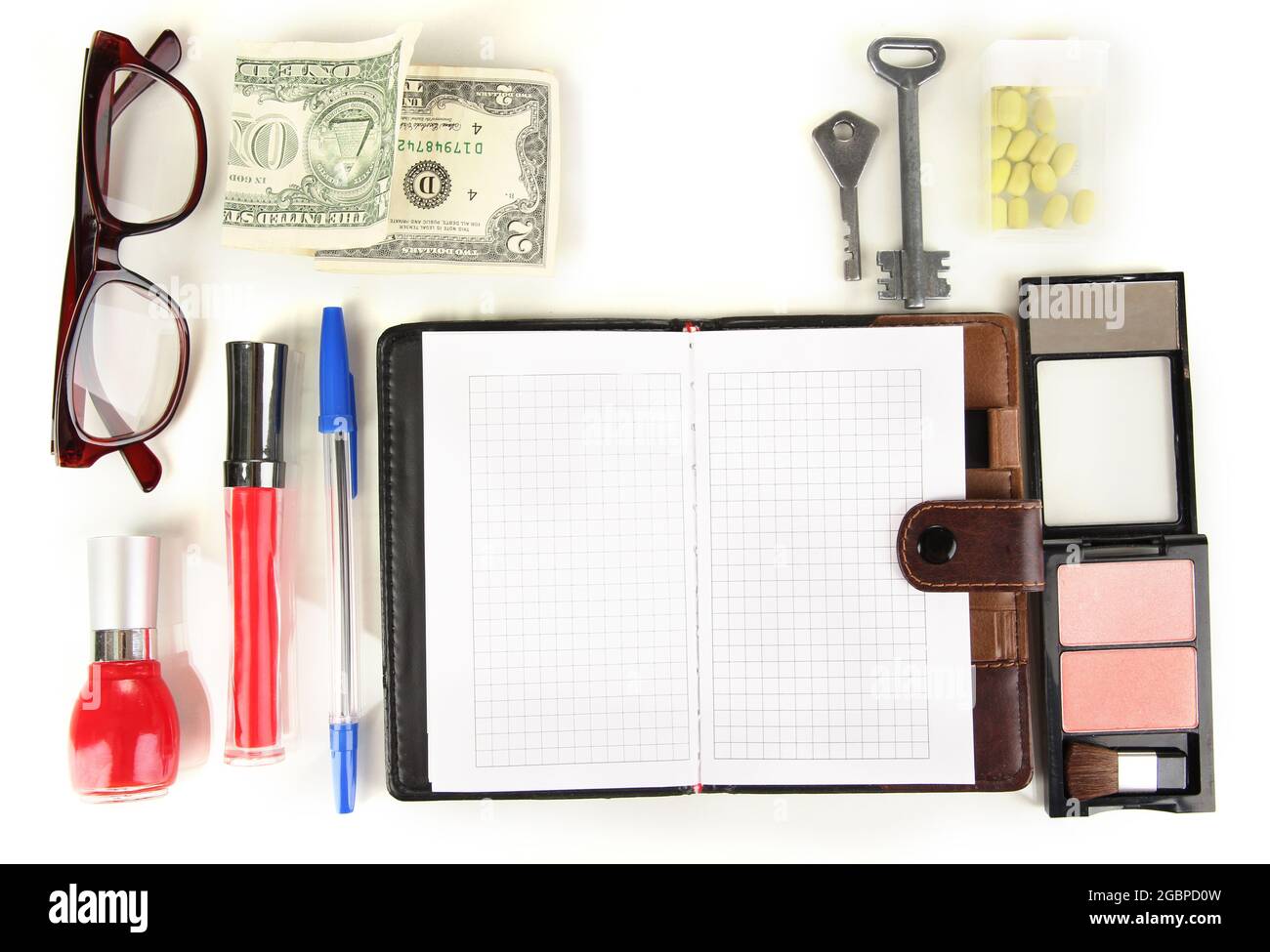 Items contained in the women's handbag isolated on white Stock Photo ...