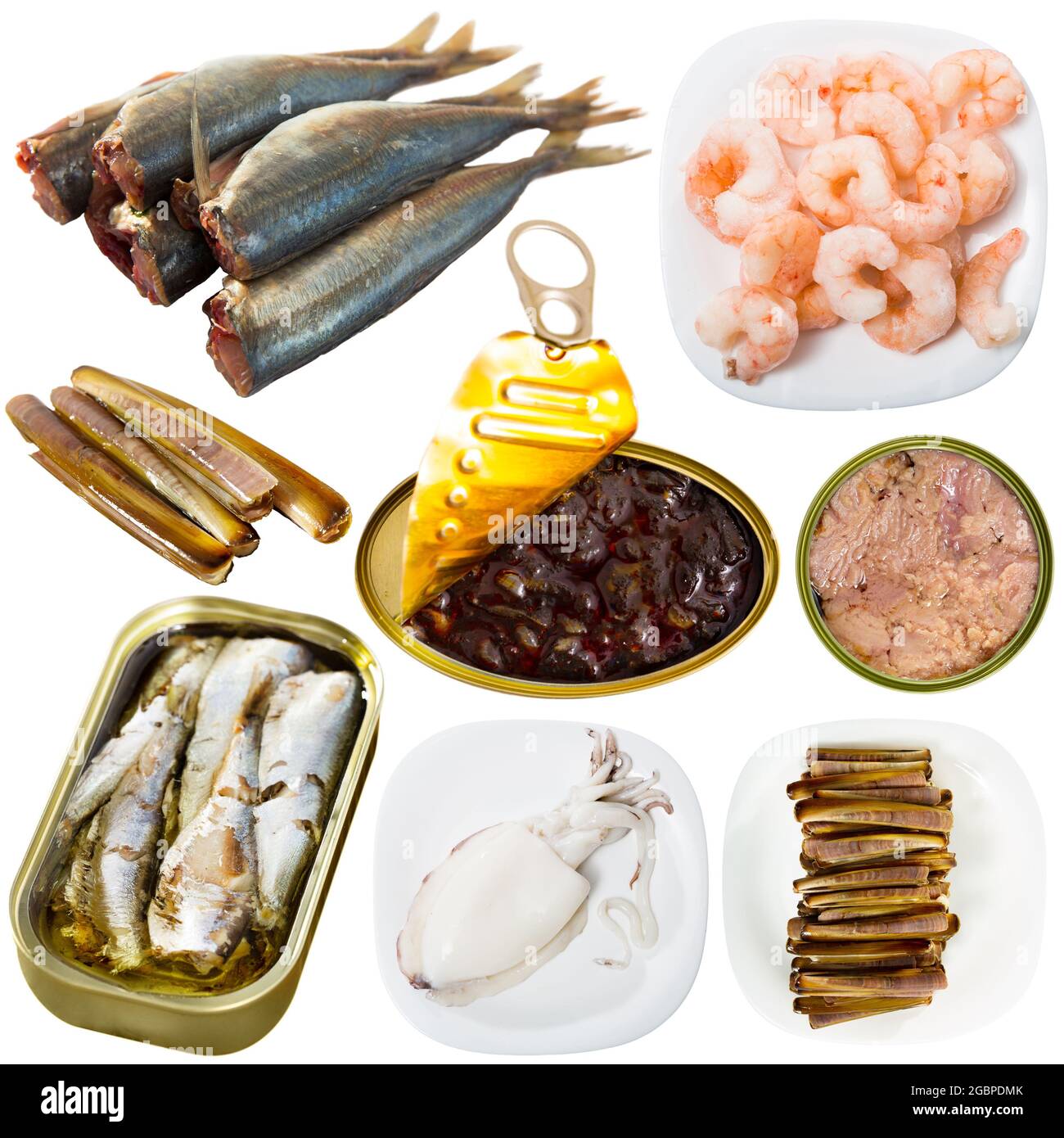 Collection of raw fish and semi-finished seafood Stock Photo - Alamy