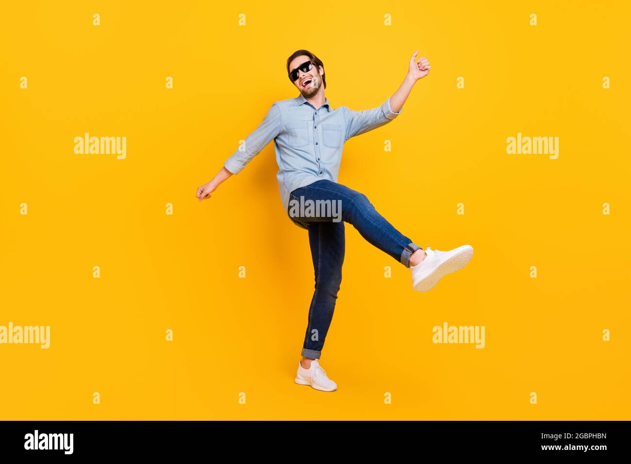 Full length photo of young excited man happy positive smile have fun ...