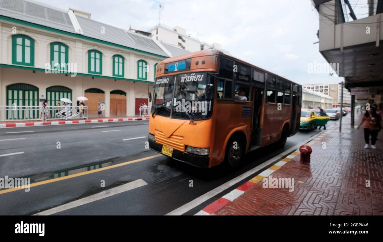 Orange Bus Number 1 at Sam Yot MRT Station Charoen Krung road Chinatown ...