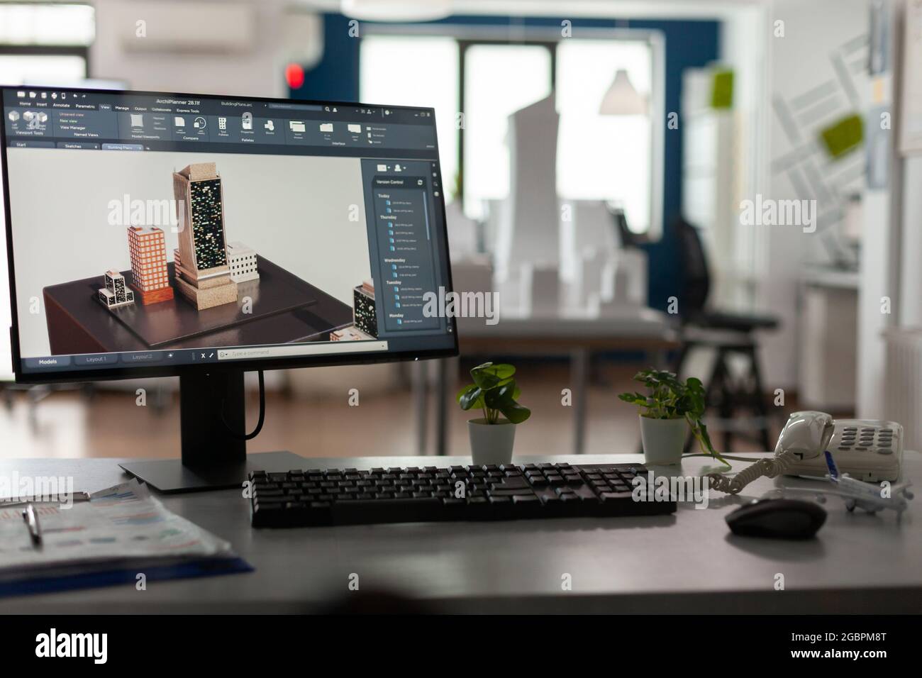Empty office for architects with computer on desk board blueprint ...