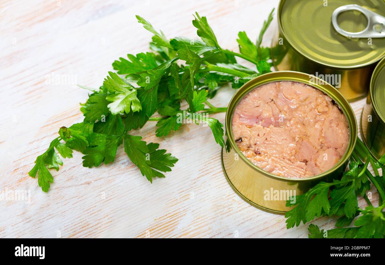 Open tin can of tuna in oil Stock Photo - Alamy