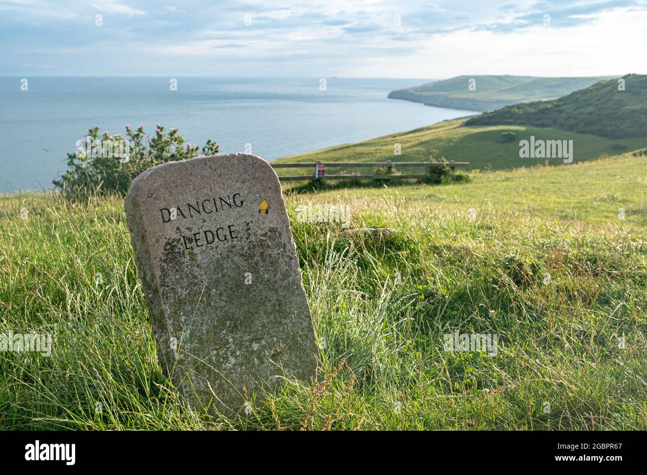 Dorset- Dancing Ledge marker stone on the Coastal path along the ...
