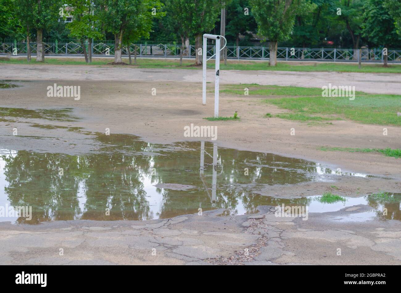 A soccer field with puddles after a downpour. An empty sports field ...