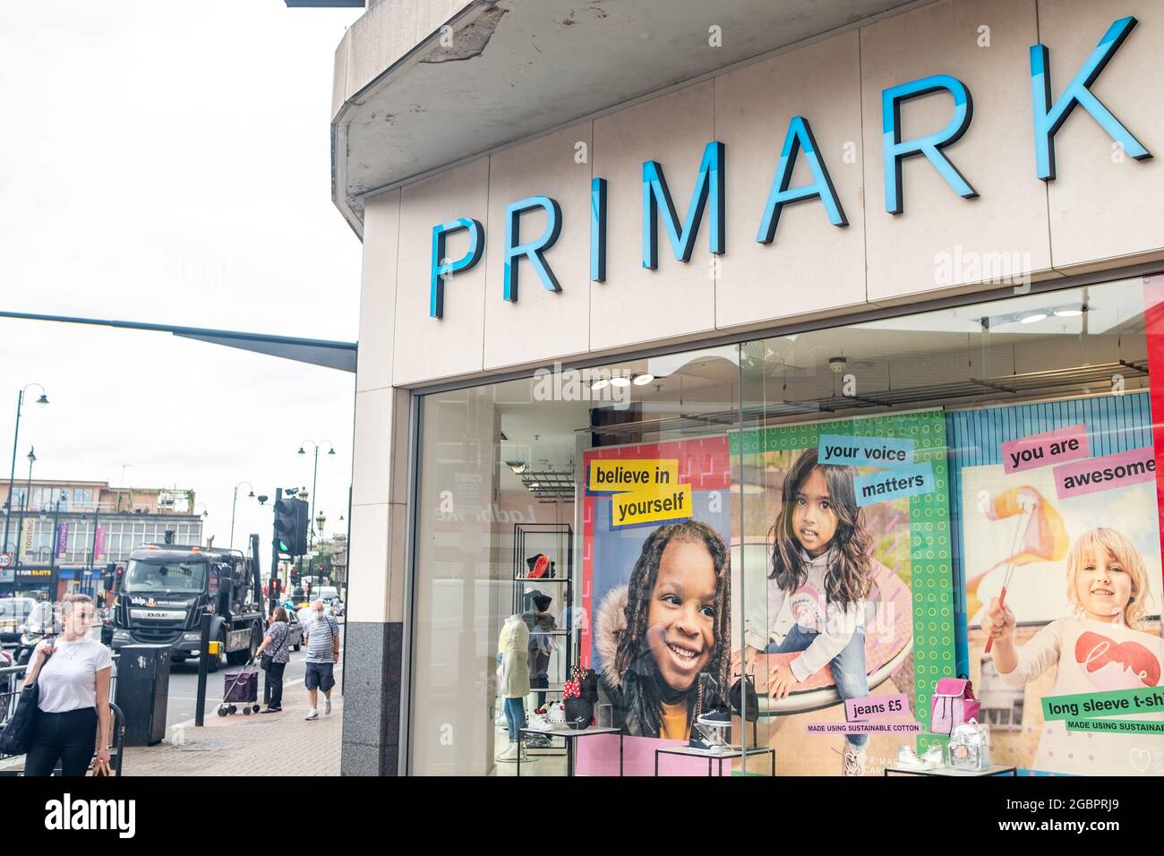 London- August 2021: Primark store in Tooting, south west London. A ...