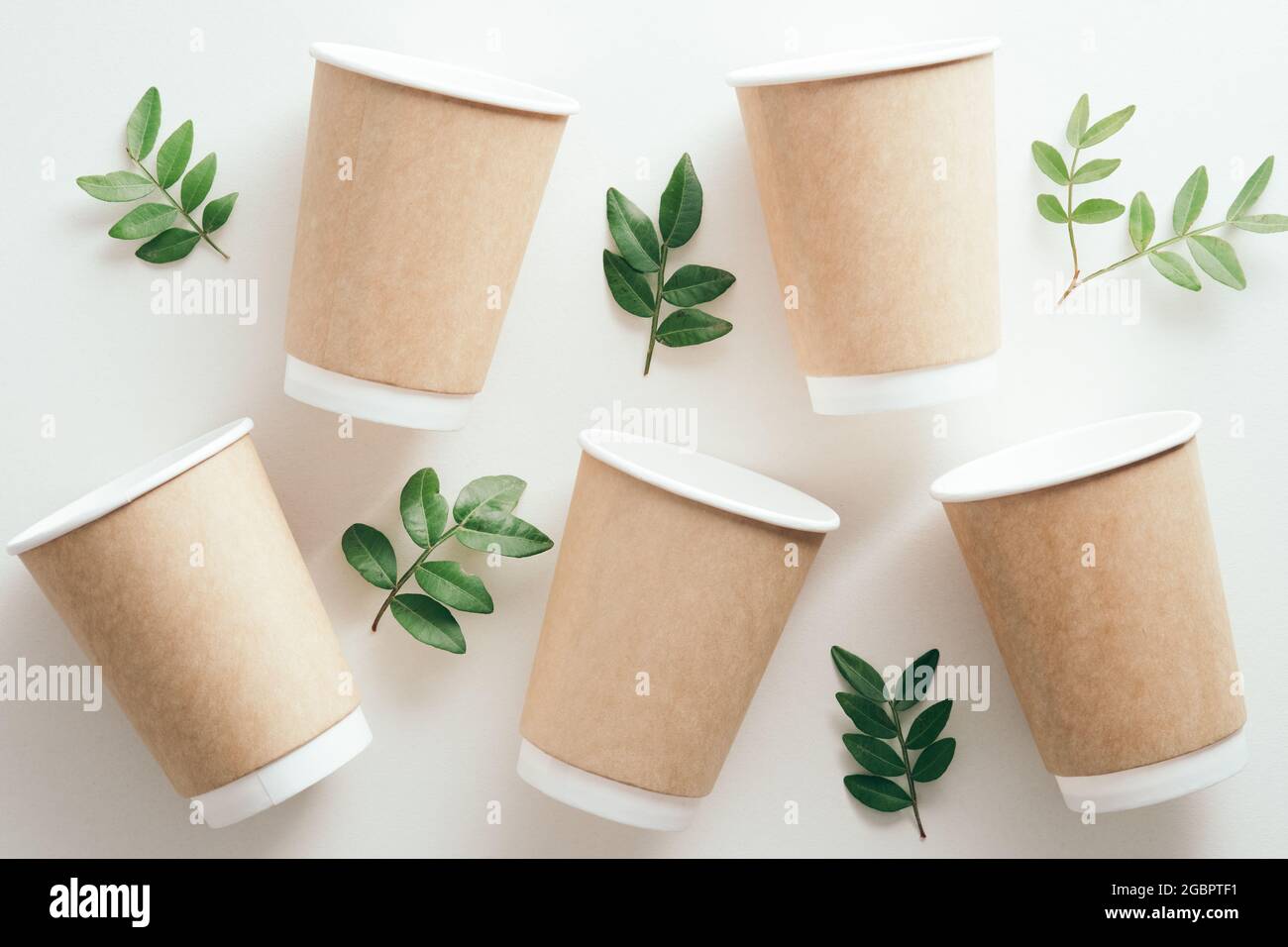 Disposable paper coffee cups and green leaves. Eco-friendly hot drink ...