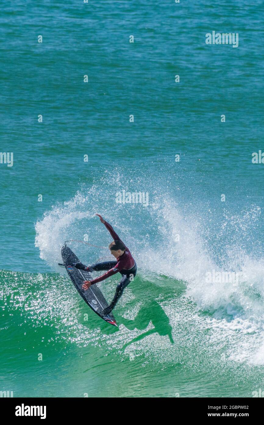 Spectacular surfing action as a surfer gets airborne at Fistral in ...