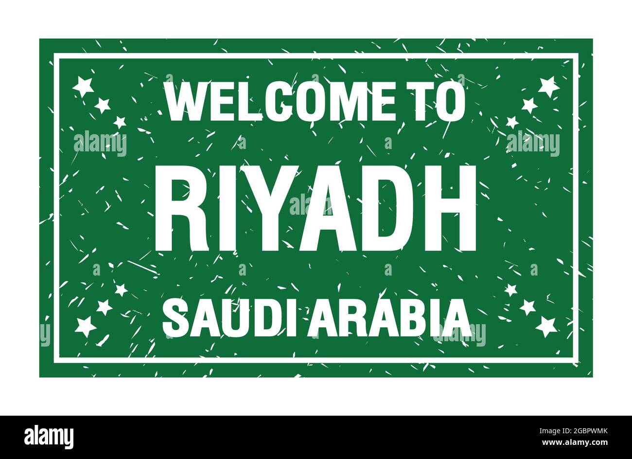 WELCOME TO RIYADH - SAUDI ARABIA, words written on green rectangle flag ...