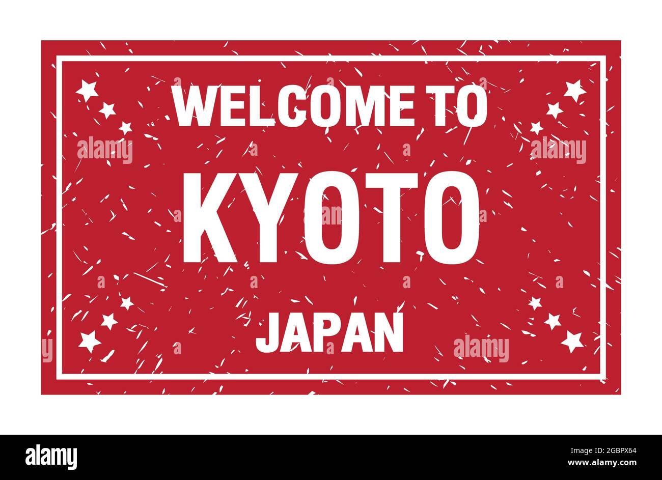 WELCOME TO KYOTO - JAPAN, words written on red rectangle flag stamp ...