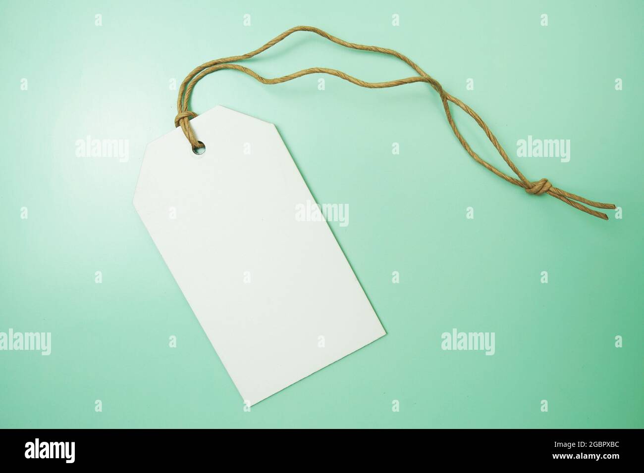 Flat lay White Blank Tag on green background Stock Photo - Alamy
