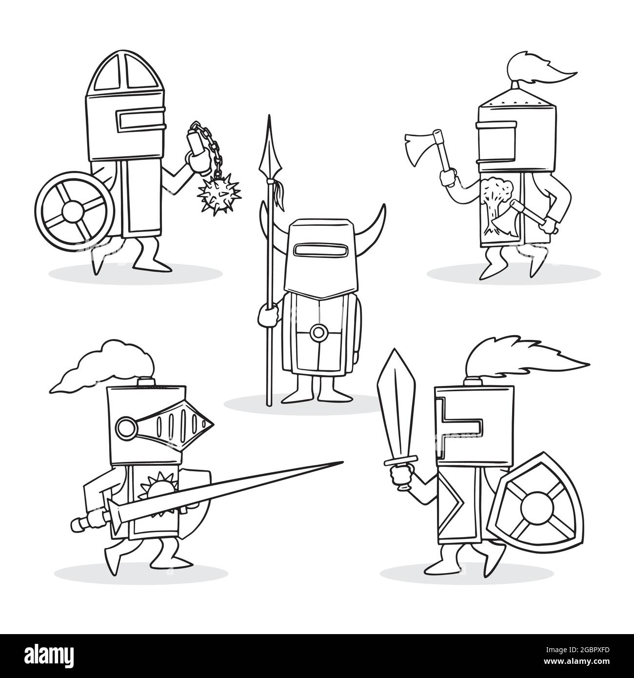 Collection of Medieval knights cartoon characters. Vector illustration ...
