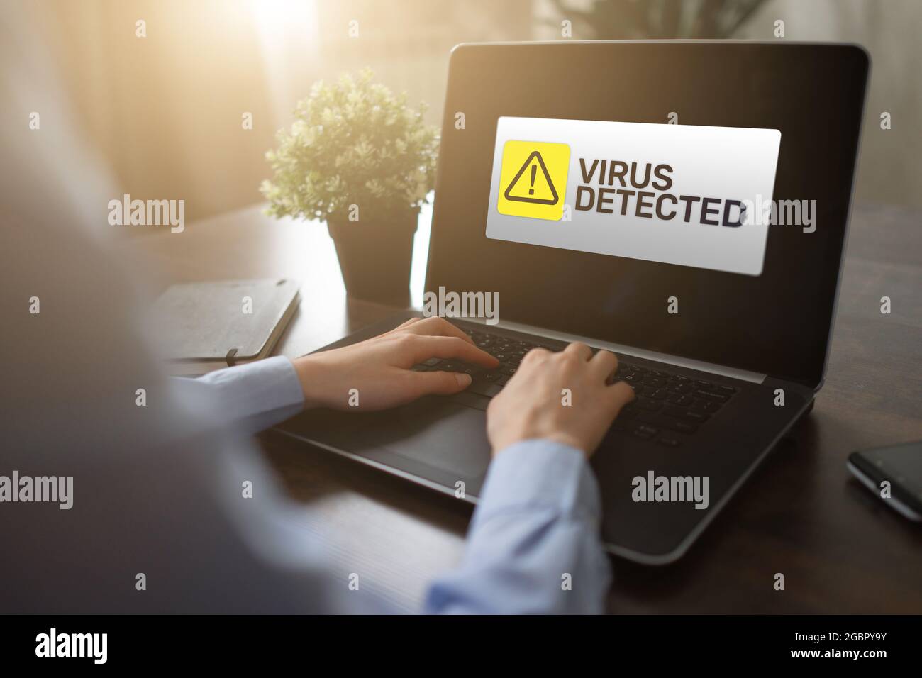 Virus Detected warning message on screen. Cyber security breach. Data ...