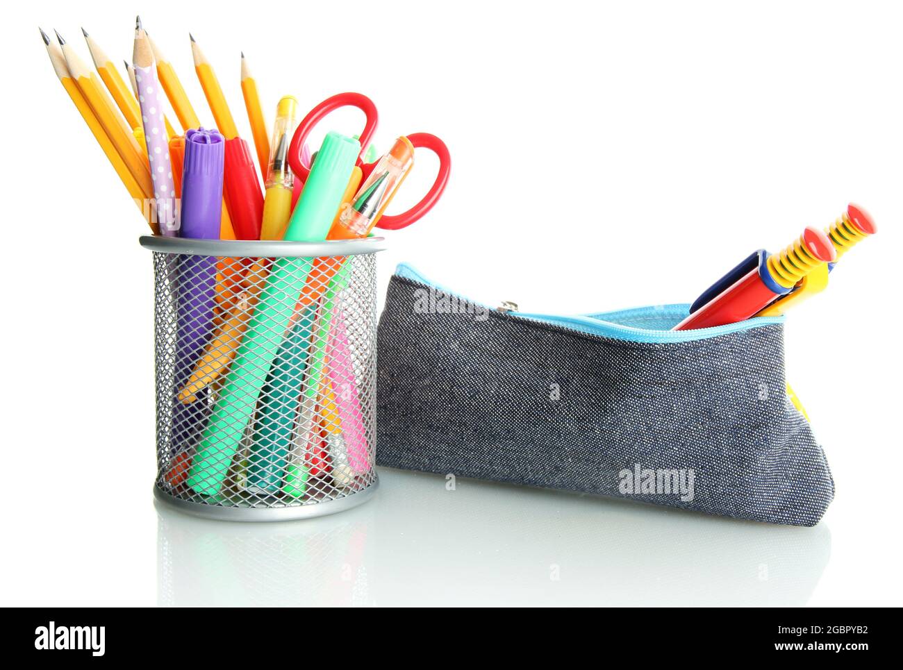 pencil box with school equipment isolated on white Stock Photo - Alamy