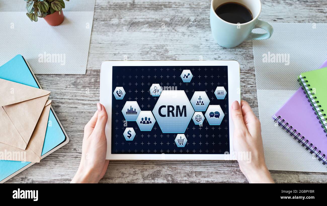 CRM - customer relationship management system concept on screen Stock ...