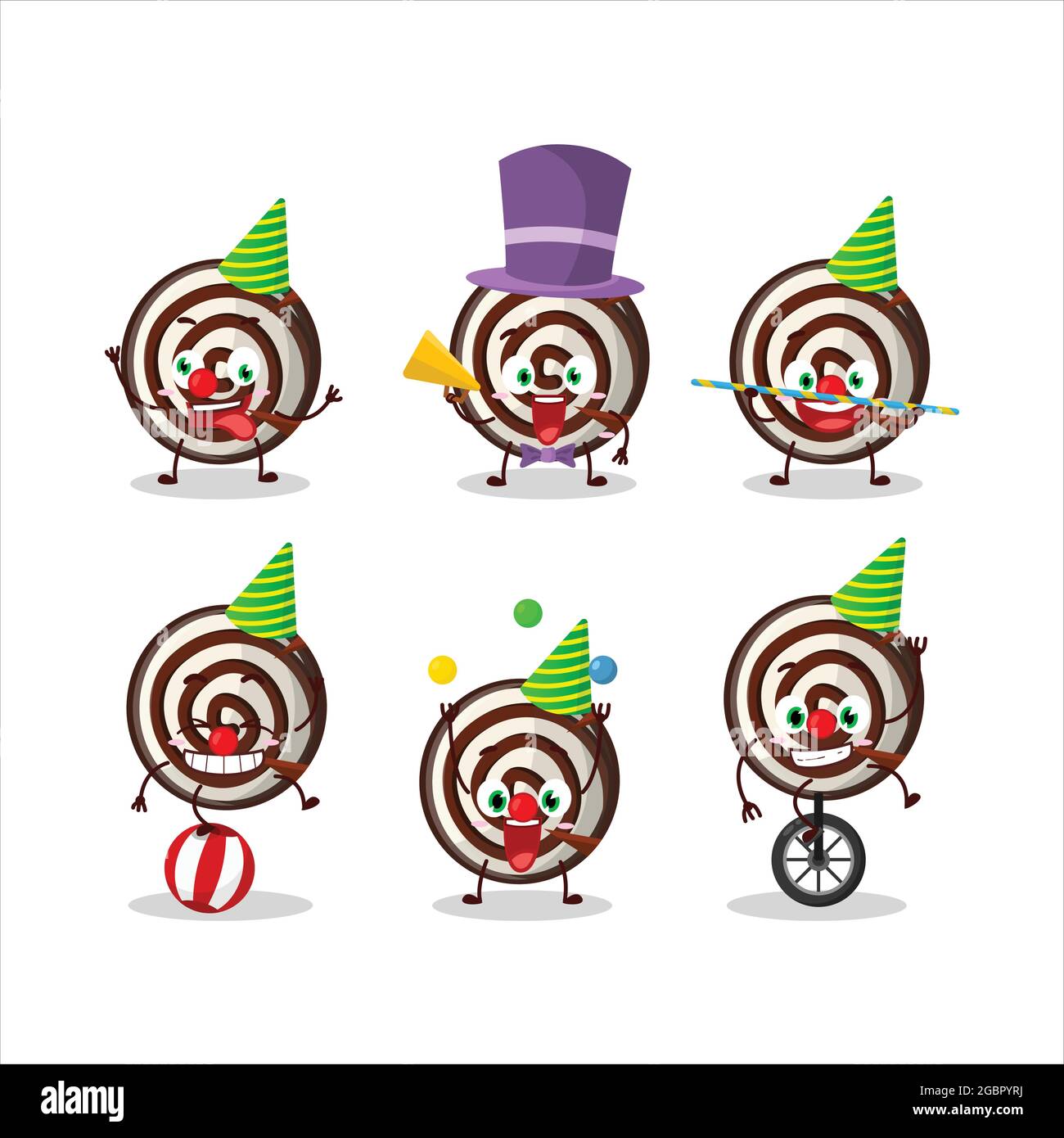 Cartoon character of slice cake cinnamon roll with various circus shows ...