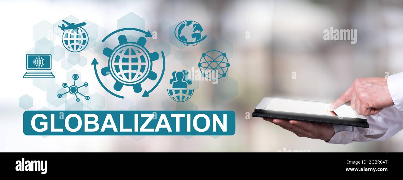 Man using a tablet with globalization concept Stock Photo - Alamy