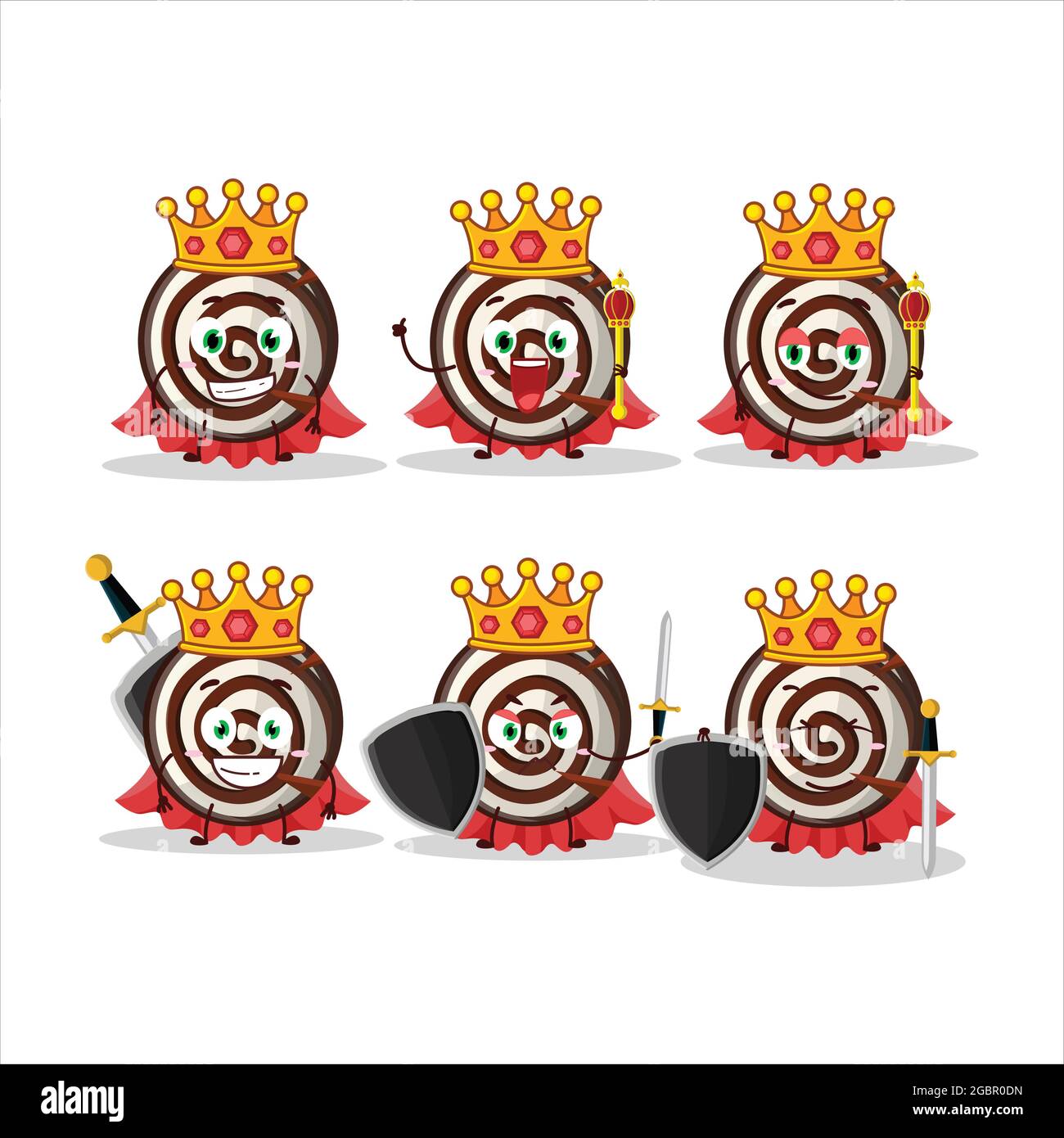 A Charismatic King slice cake cinnamon roll cartoon character wearing a ...