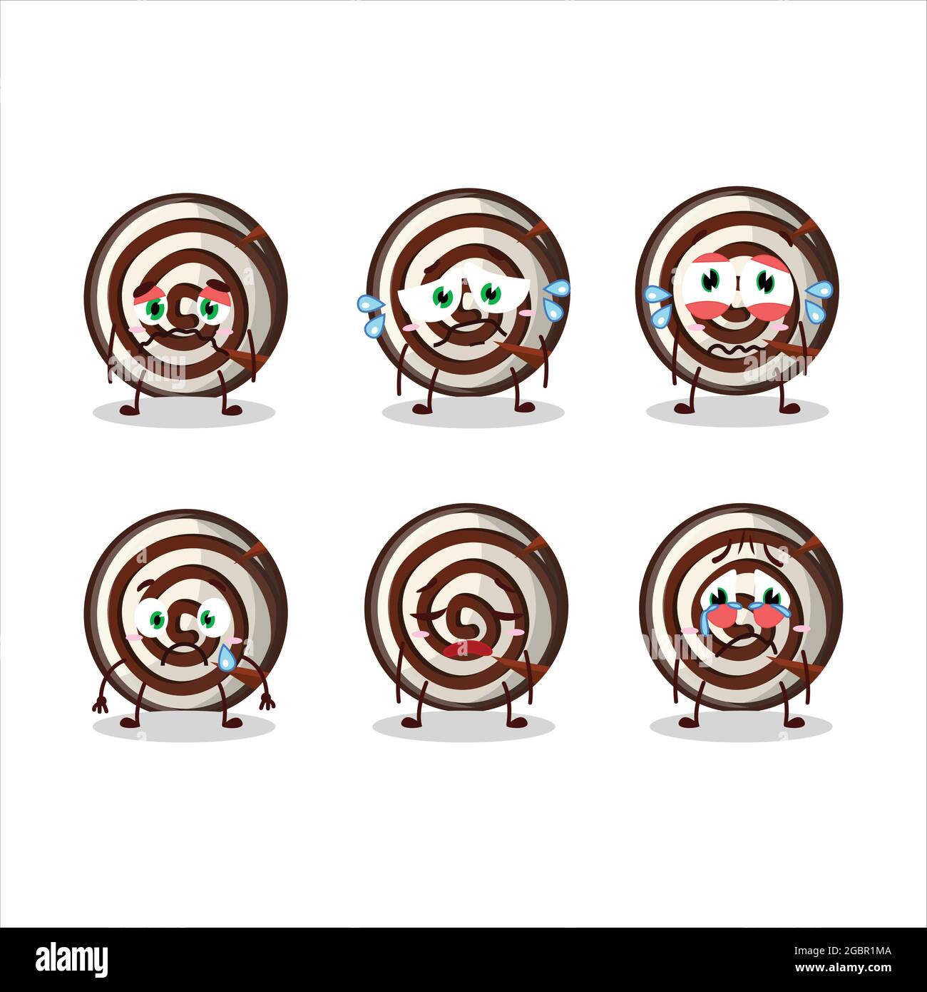 Slice cake cinnamon roll cartoon character with sad expression. Vector ...