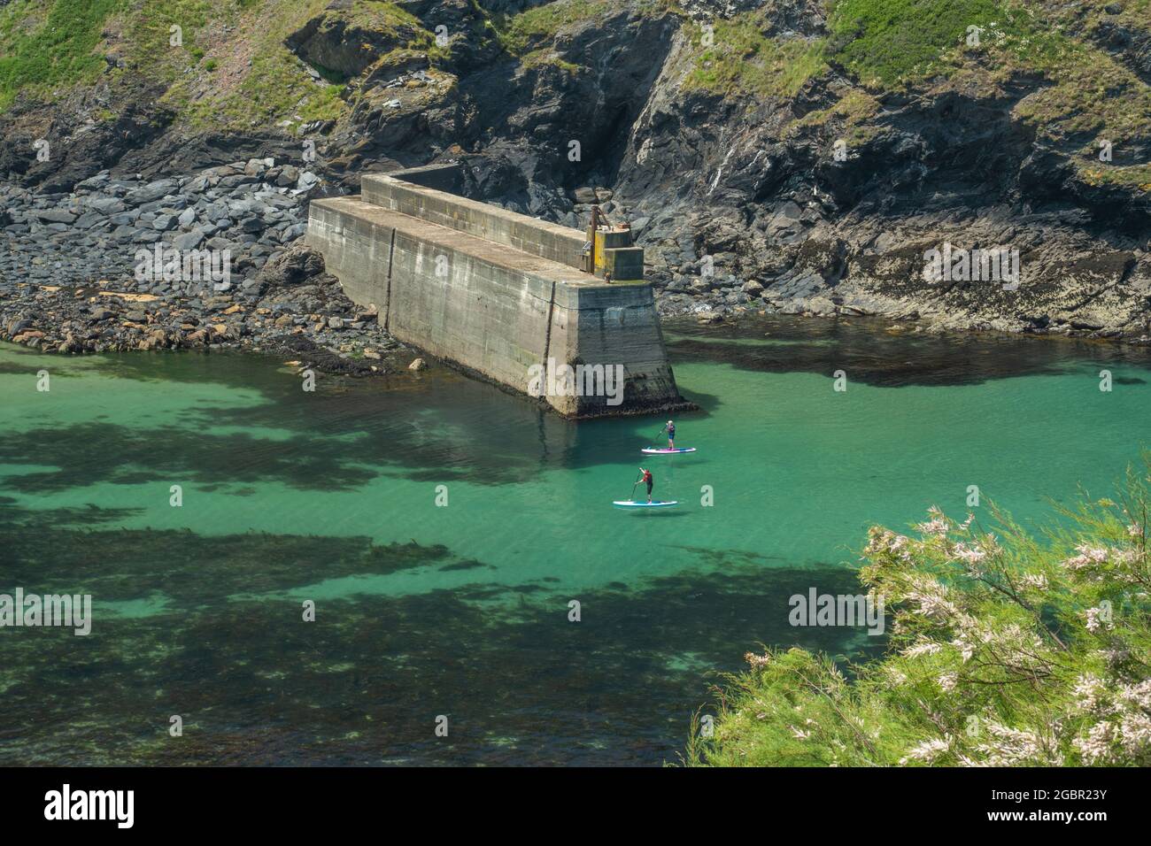 Paddle boarders entering Port Isaac harbour in North Cornwall with ...