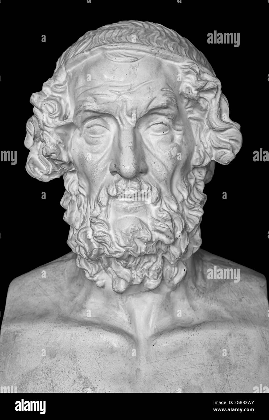 Gypsum copy of ancient statue Homer head on dark textured background ...