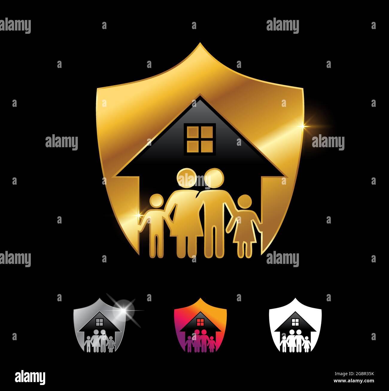 A vector Illustration set of Golden Home Shield and Family Vector Sign ...