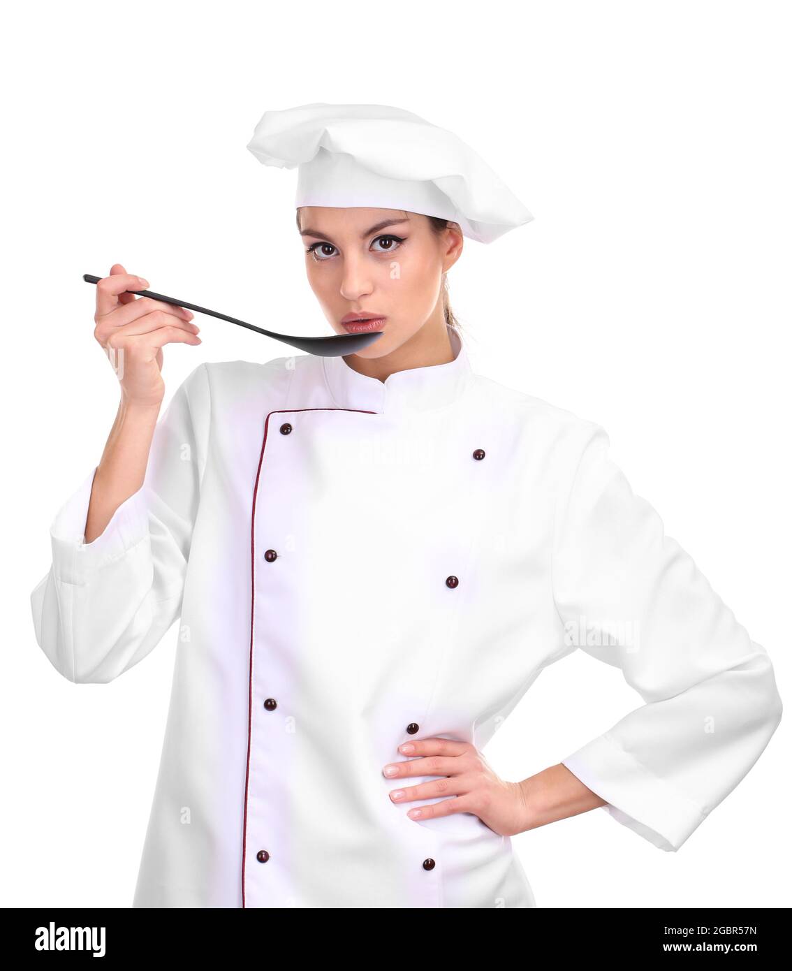 Portrait of young woman chef with ladle isolated on white Stock Photo ...