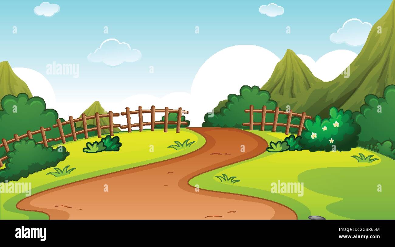 Blank nature park landscape at daytime scene with pathway through the meadow illustration Stock ...