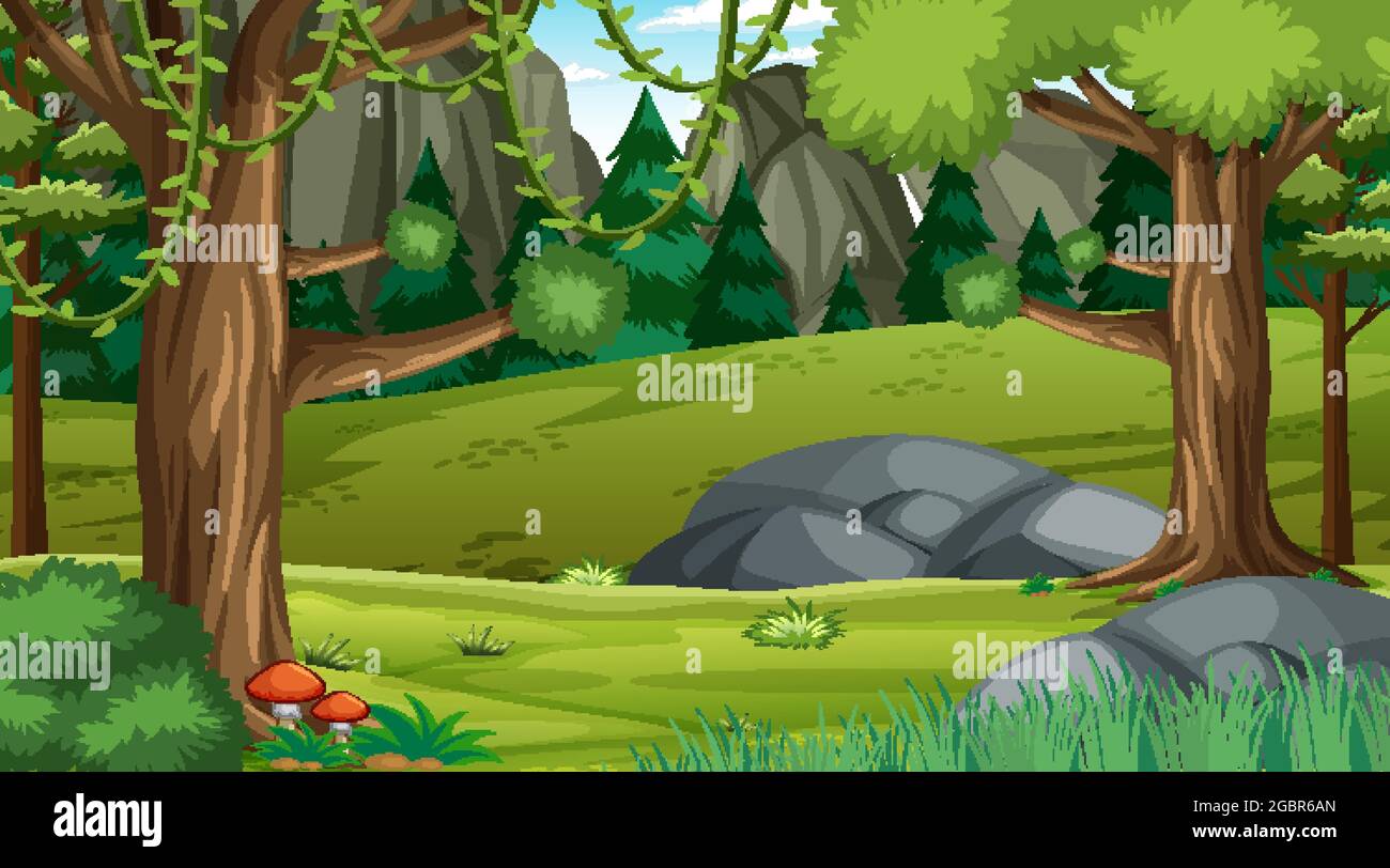 Rainforest scene with various forest trees illustration Stock Vector ...