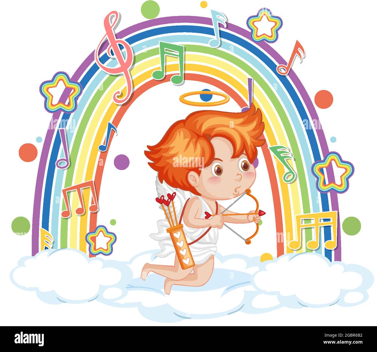 Cupid boy on the cloud with melody symbols on rainbow illustration ...
